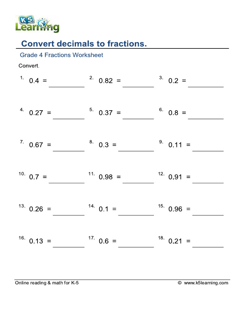 Grade 4 Fractions Worksheet - Convert Decimals to Fractions | PDF