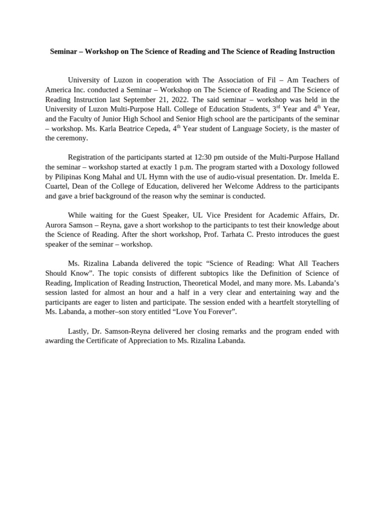 Science of Reading Seminar Workshop Narrative Report (1) | PDF | Human ...
