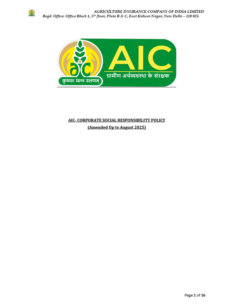 Agriculture Insurance Company India Limited Csr Aug 2025 | PDF ...