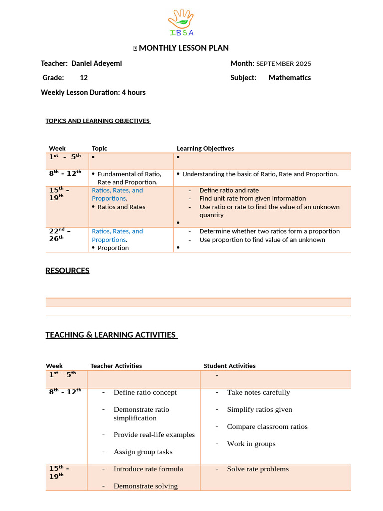 Grade 12 Lesson Plan September | PDF | Ratio | Lesson Plan