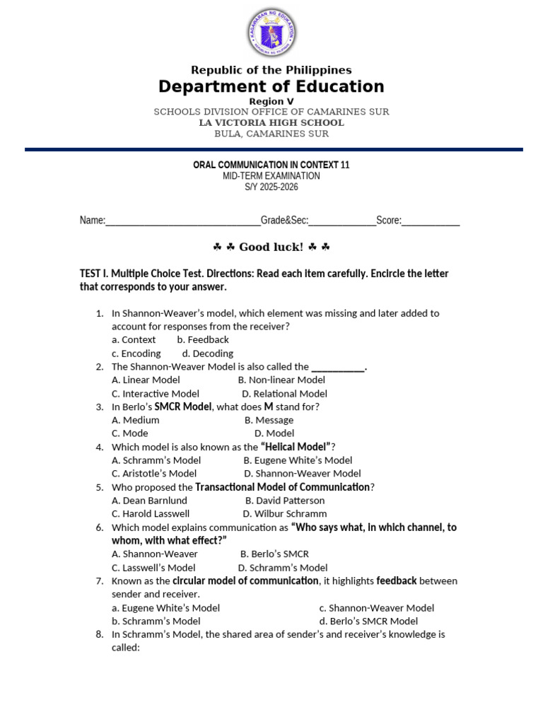 Communication Test With Directions | PDF | Communication | Cross ...