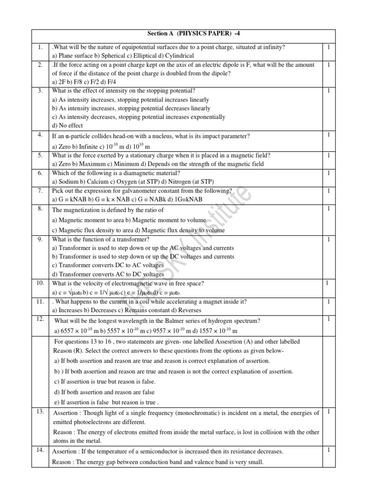 Sample Paper 4 | PDF | Capacitor | Capacitance