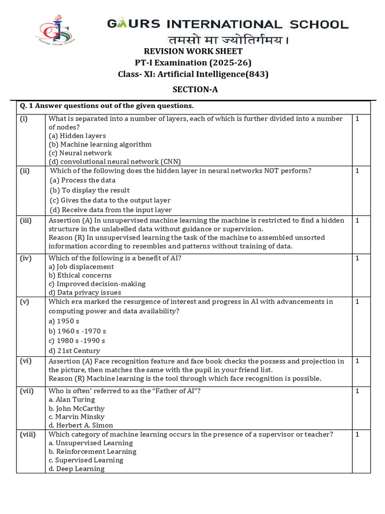 AI Revision Worksheet for Class XI | PDF | Machine Learning ...