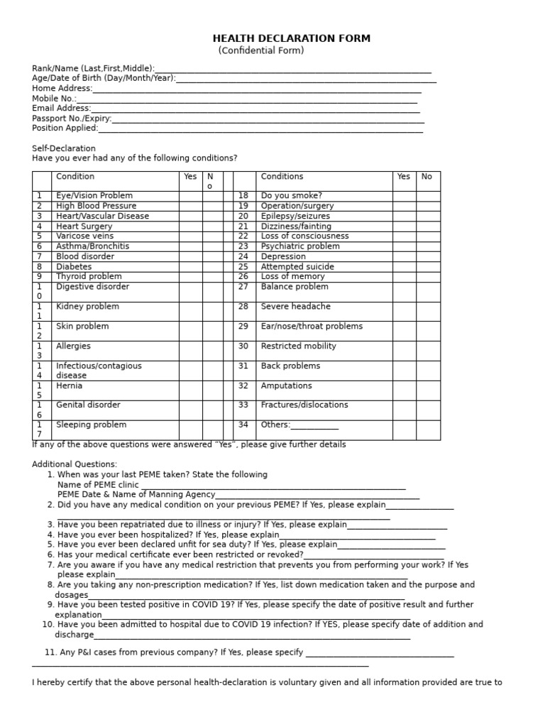 New Health Declaration Form With Pni 1 | PDF | Medicine | Clinical Medicine