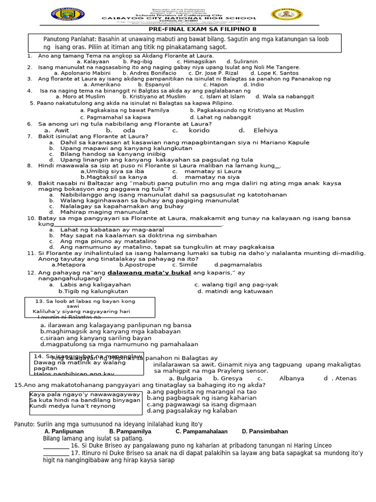 Ikaapat Na Markahang Pagsusulit Sa Filipino 8 | PDF