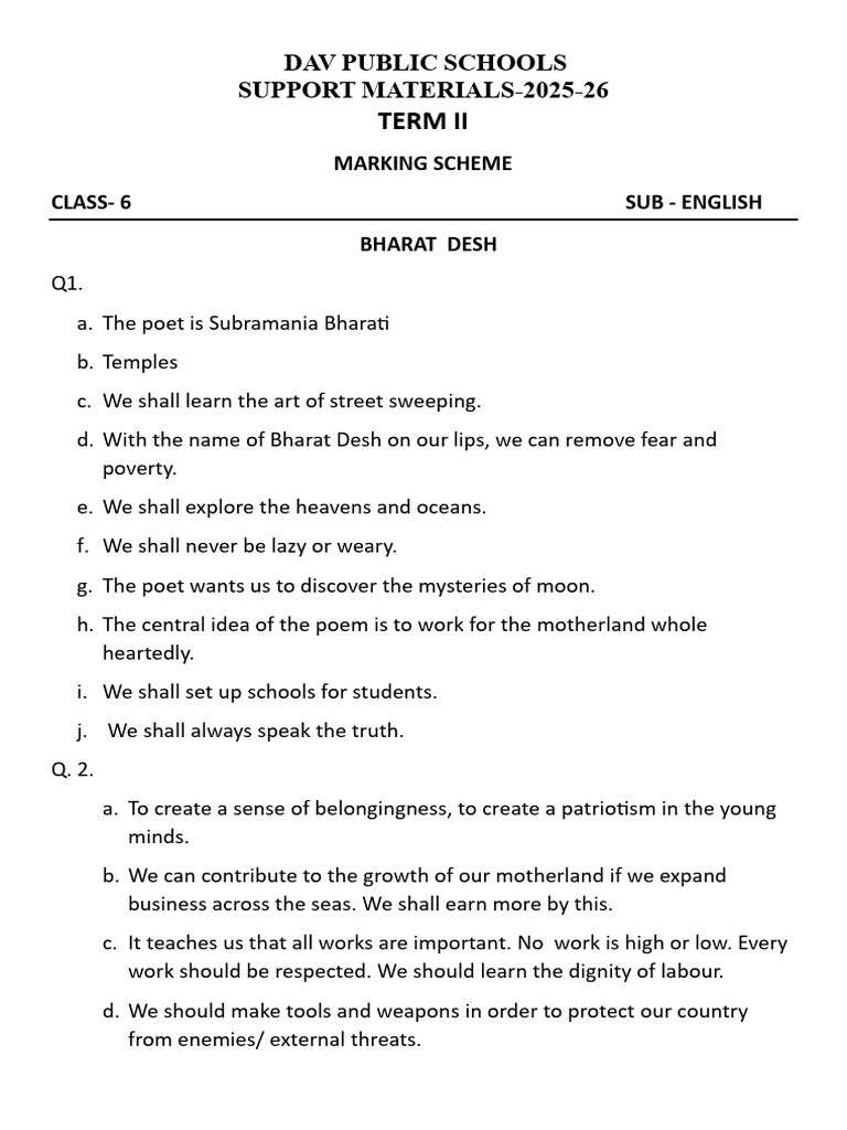 Class 6 English Marking Scheme 2025-26 | PDF