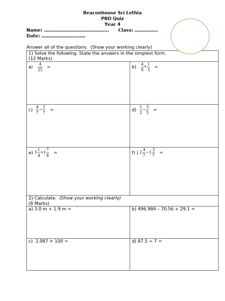PBD Quiz Year 4 | PDF