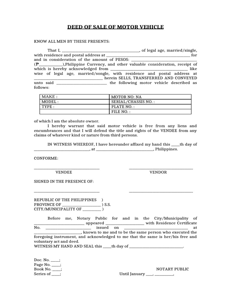 Deed of Sale of Motor Vehicle | PDF | Civil Law (Common Law) | Common Law