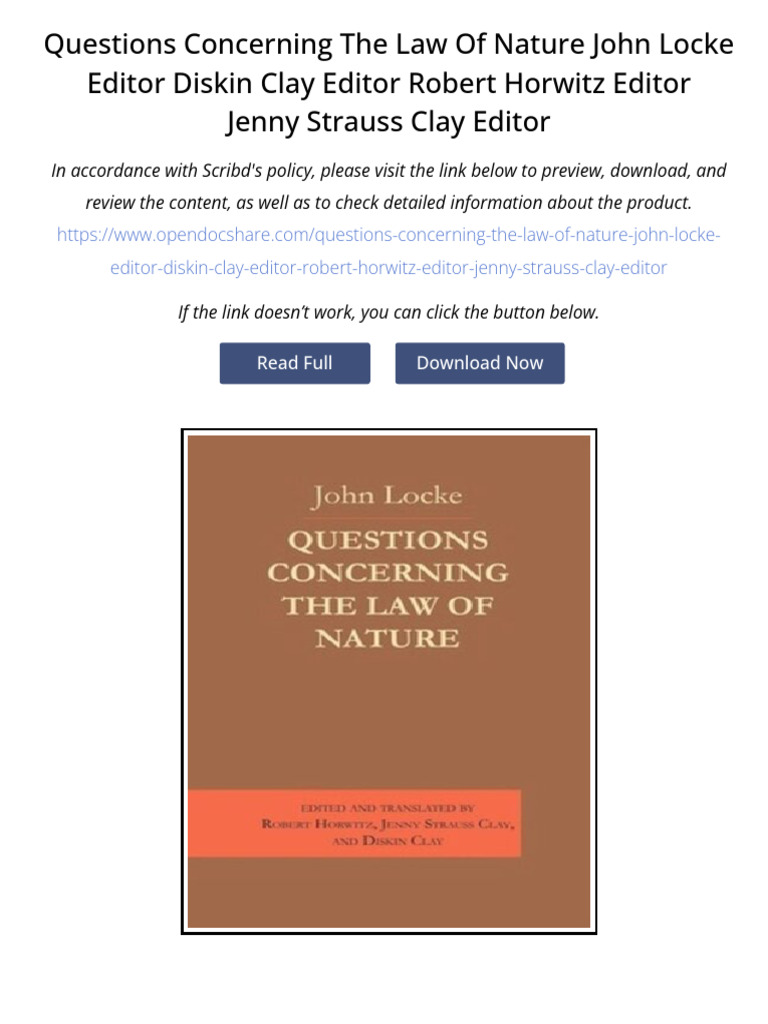 Questions Concerning The Law Of Nature John Locke Editor Diskin Clay ...