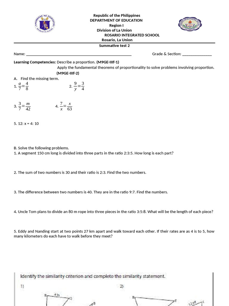 Proportionality Summative Test for Grade 9 | PDF