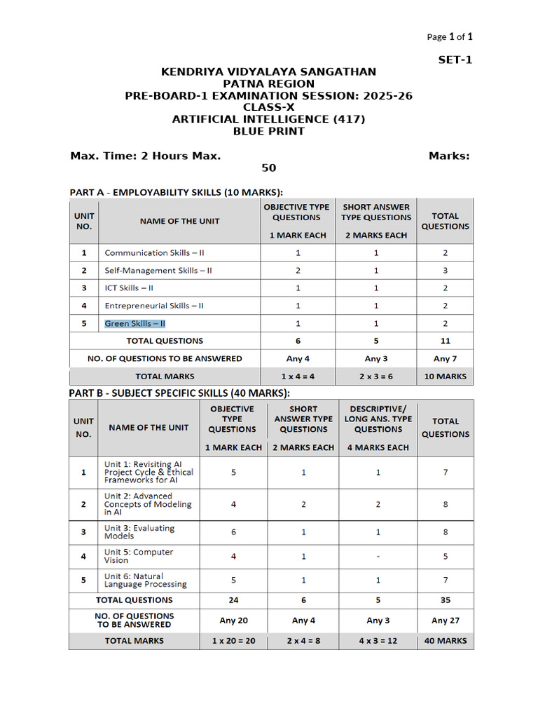 Bp Ai Pre Board 1(Set 1) Class x | PDF