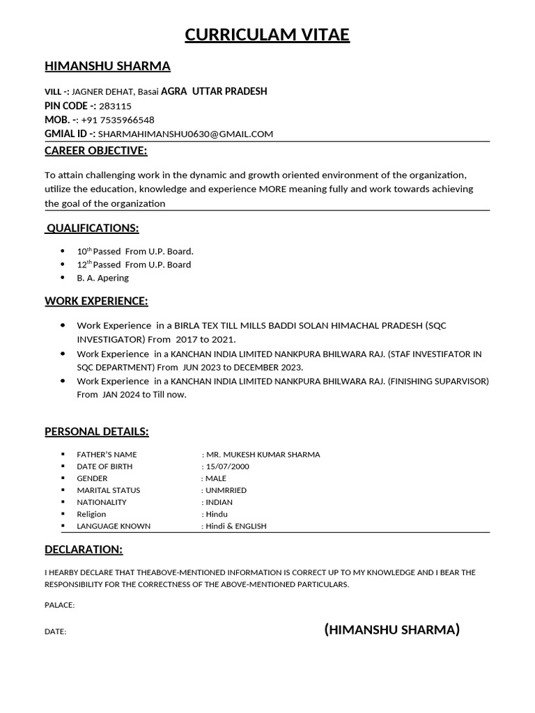 Himanshu Sharma CV and Experience | PDF