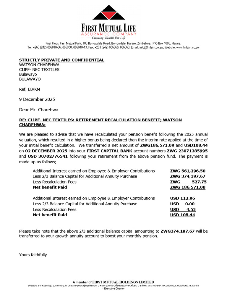 Recalculation Letter - With Annuity Purchase- Mr. Charehwa | PDF ...
