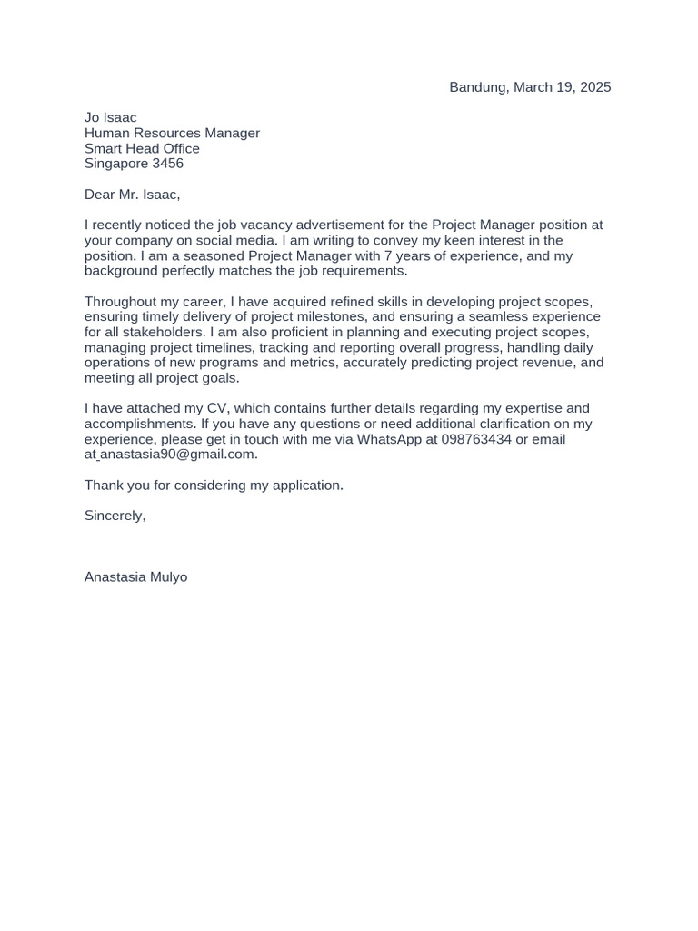 Project Manager Application Letter | PDF