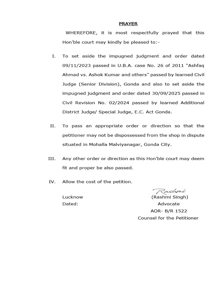 PRAYER Ashok Kumar Case U.P. Act No. 16 of 1972 | PDF