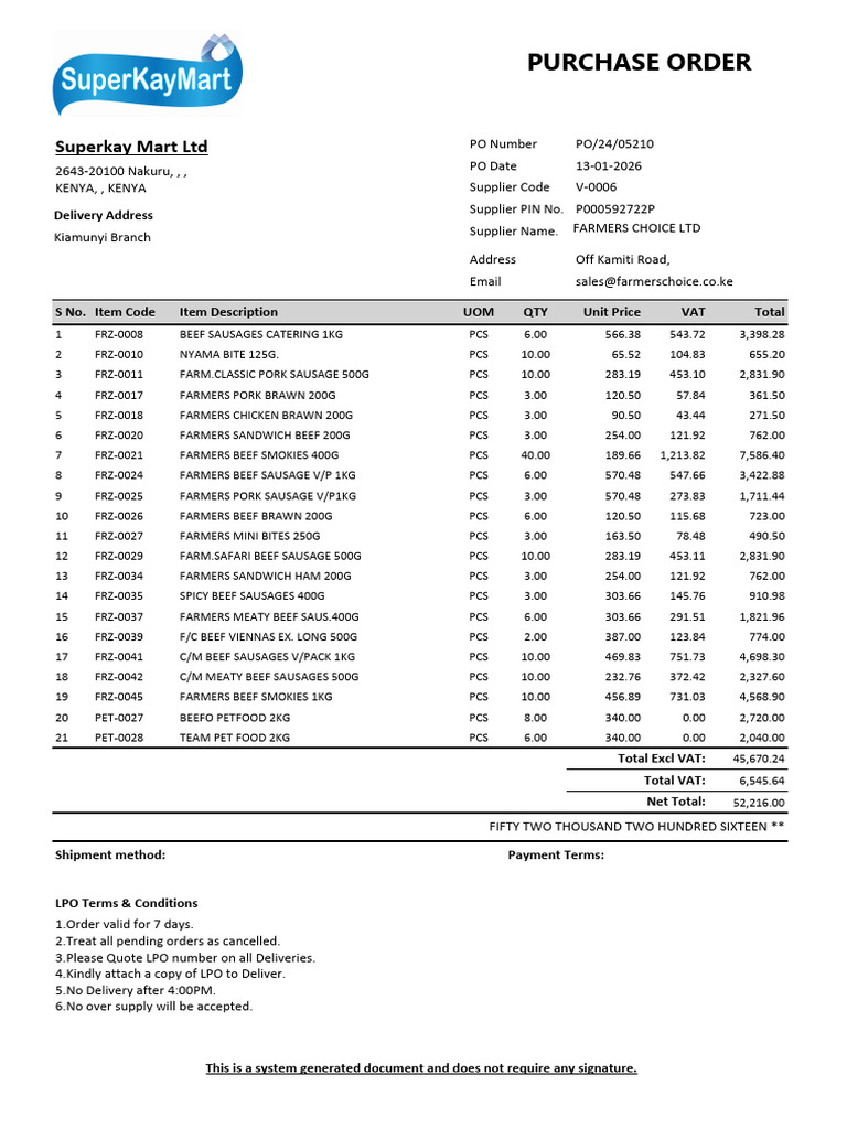 Purchase Order - PO_24_05210 ∙ FARMERS CHOICE LTD (P) | PDF | Western ...