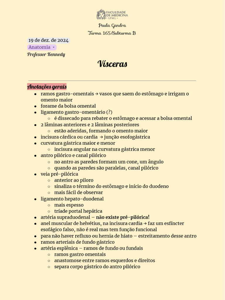 Anotações sobre Vísceras e Anatomia Gástrica | PDF | Estômago | Pâncreas