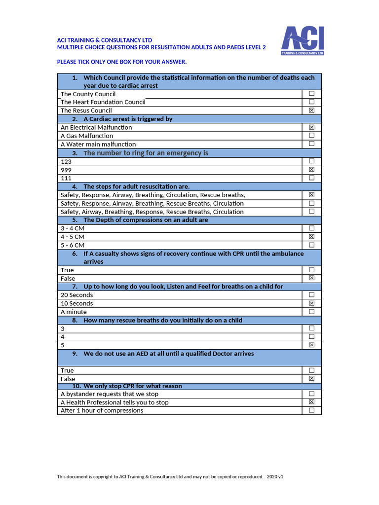 Resuscitation - Level 2 Adults and Paeds - MCQ (E) | PDF ...