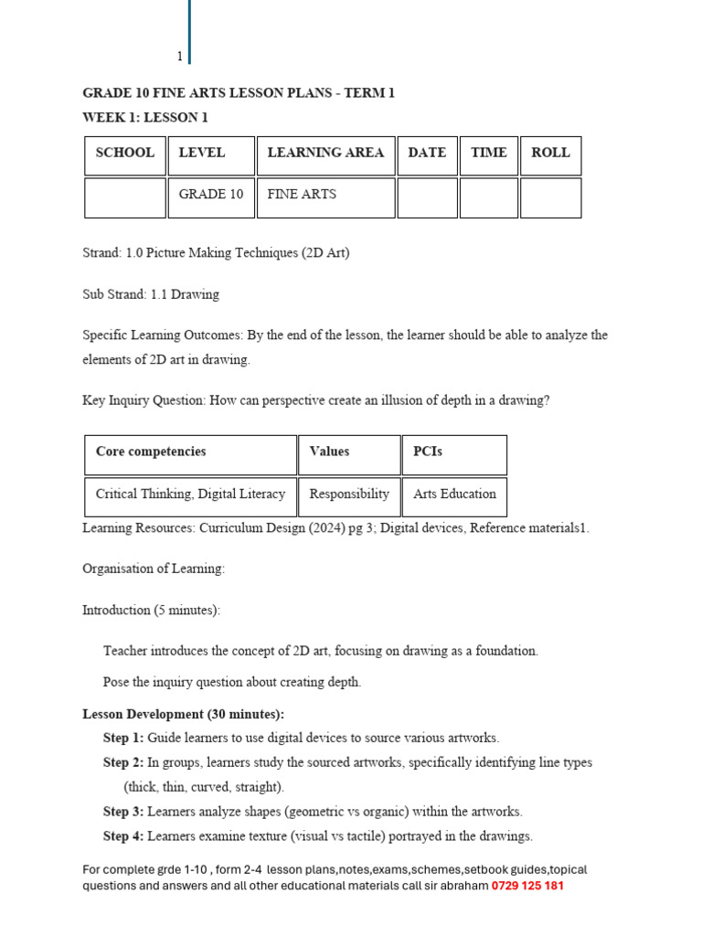 Grade 10 Fine Arts Lesson Plans | PDF | Drawing | Learning