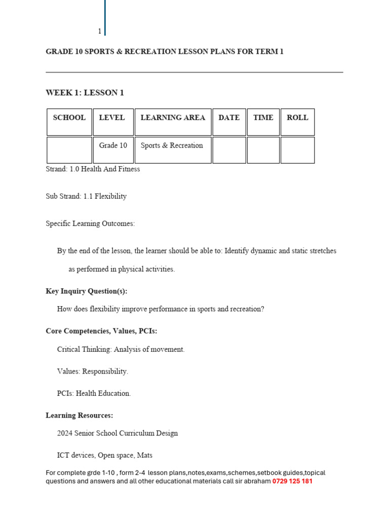Grade 10 Sports & Recreation Lesson Plans | PDF | Learning | Curriculum