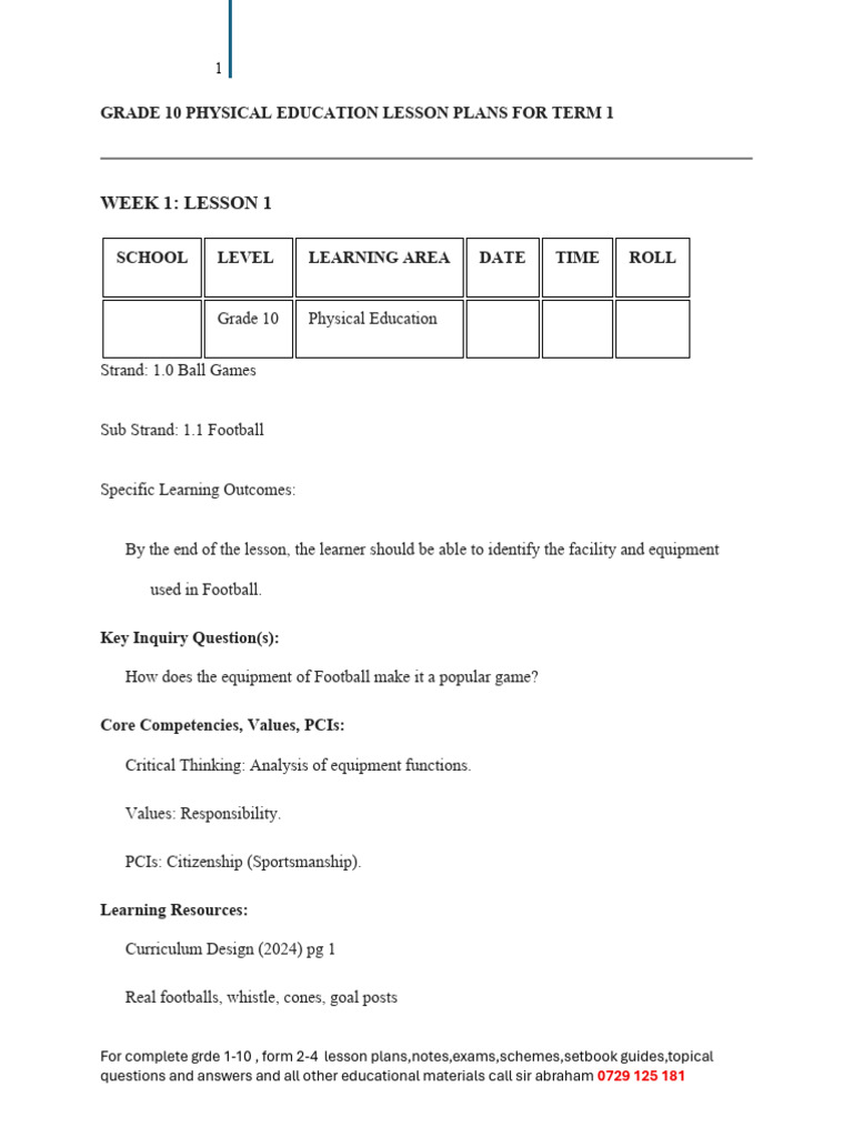 Grade 10 Football Lesson Plans | PDF | Learning | Curriculum