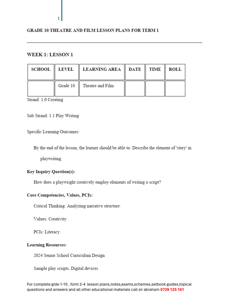 Grade 10 Theatre & Film Lesson Plans | PDF | Lesson Plan | Learning