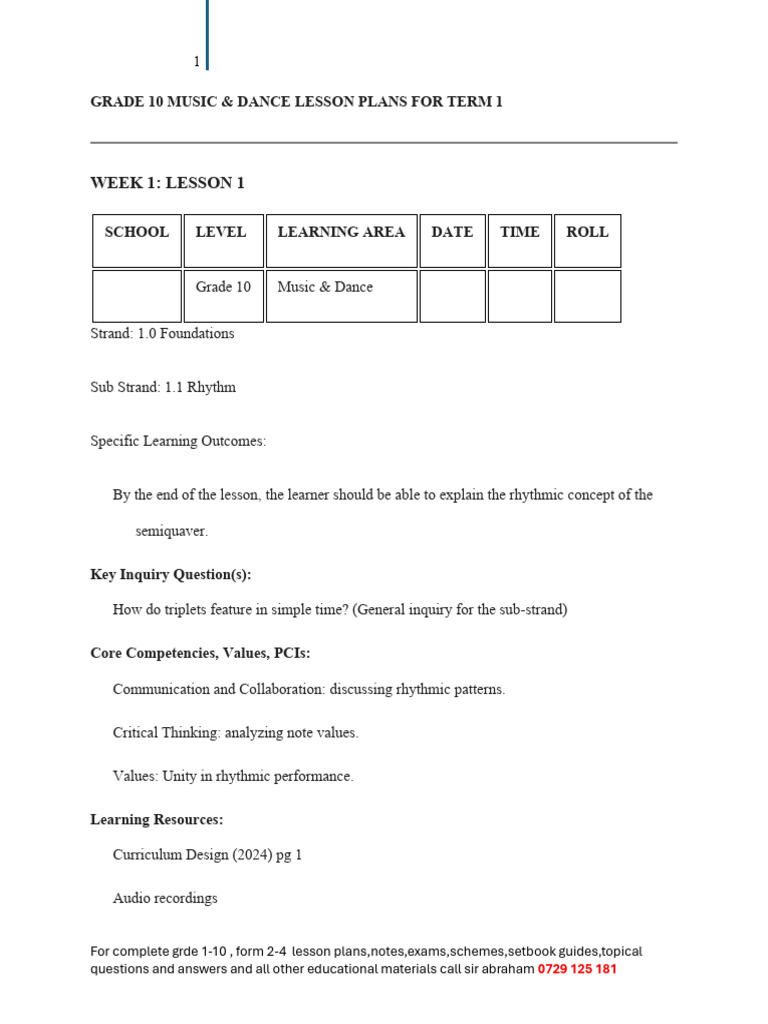 Grade 10 Music & Dance Lesson Plans | PDF | Lesson Plan | Rhythm
