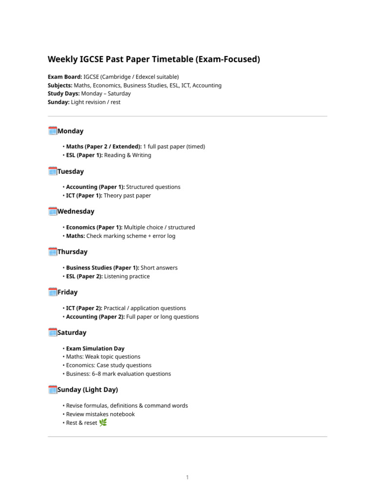 Weekly Past Paper Timetable | PDF