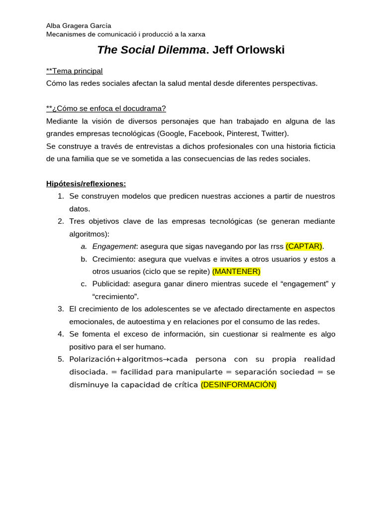 Apuntes _The Social Dilemma_ documental netflix | PDF