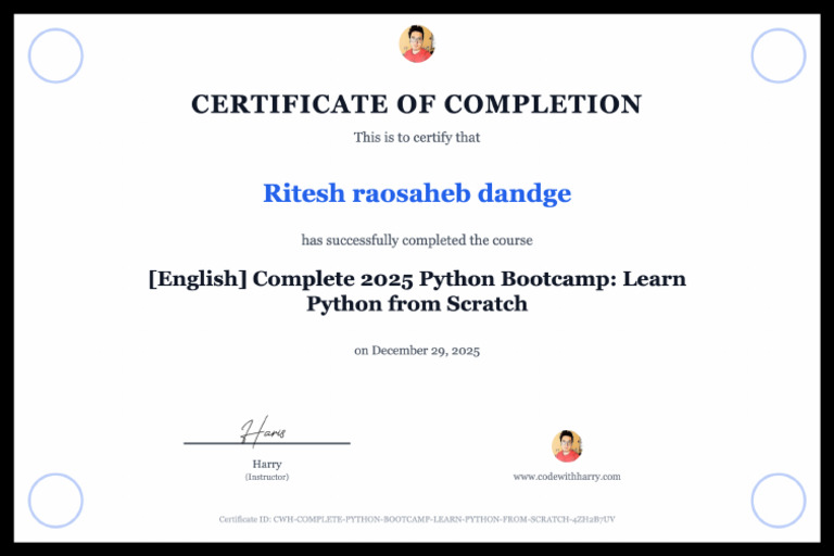 [English] Complete 2025 Python Bootcamp Learn Python From Scratch Certificate (1) | PDF
