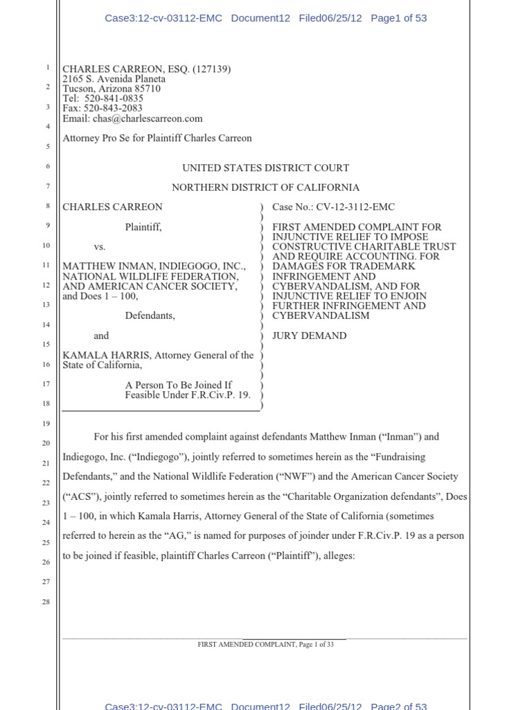 Charles Carreon vs. Matthew Inman (The Oatmeal), Indiegogo (1st Amended ...