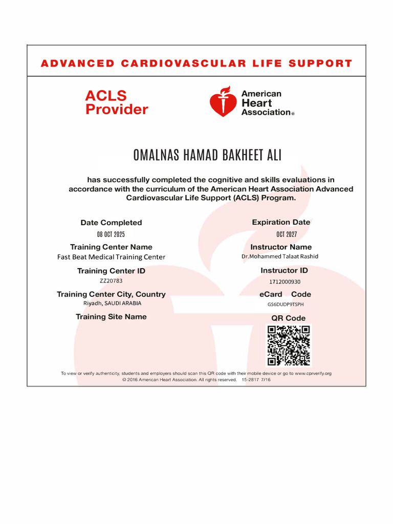 Omalnas Hamad Bakheet Ali Acls | PDF