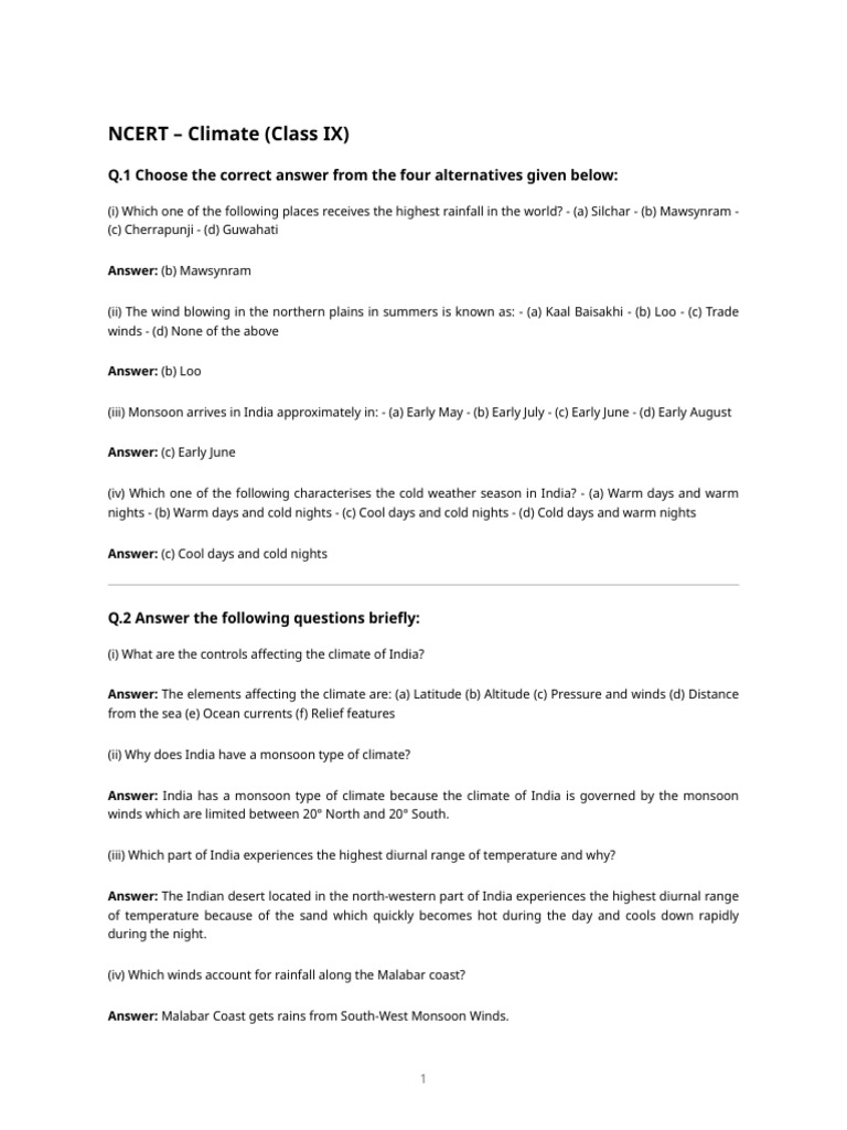 Class 9 Geography – Climate (Rearranged Answers) (1) | PDF | Monsoon | Rain