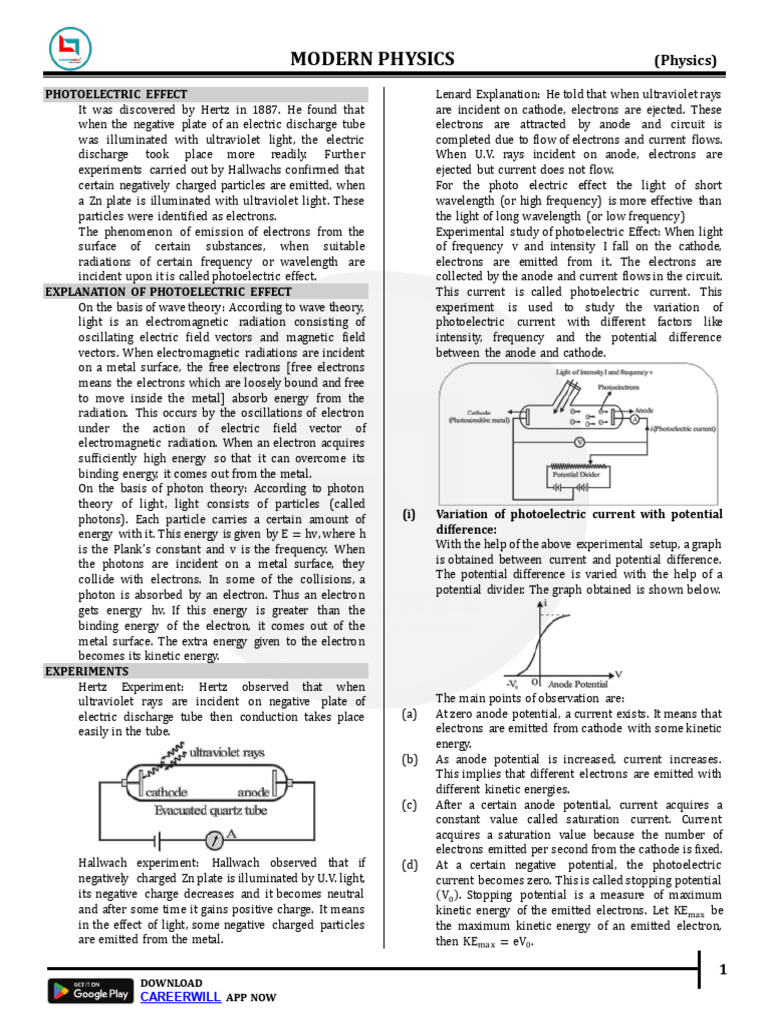 Sheet - 01 _ Modern Physics -01 | PDF | Photoelectric Effect | Electron