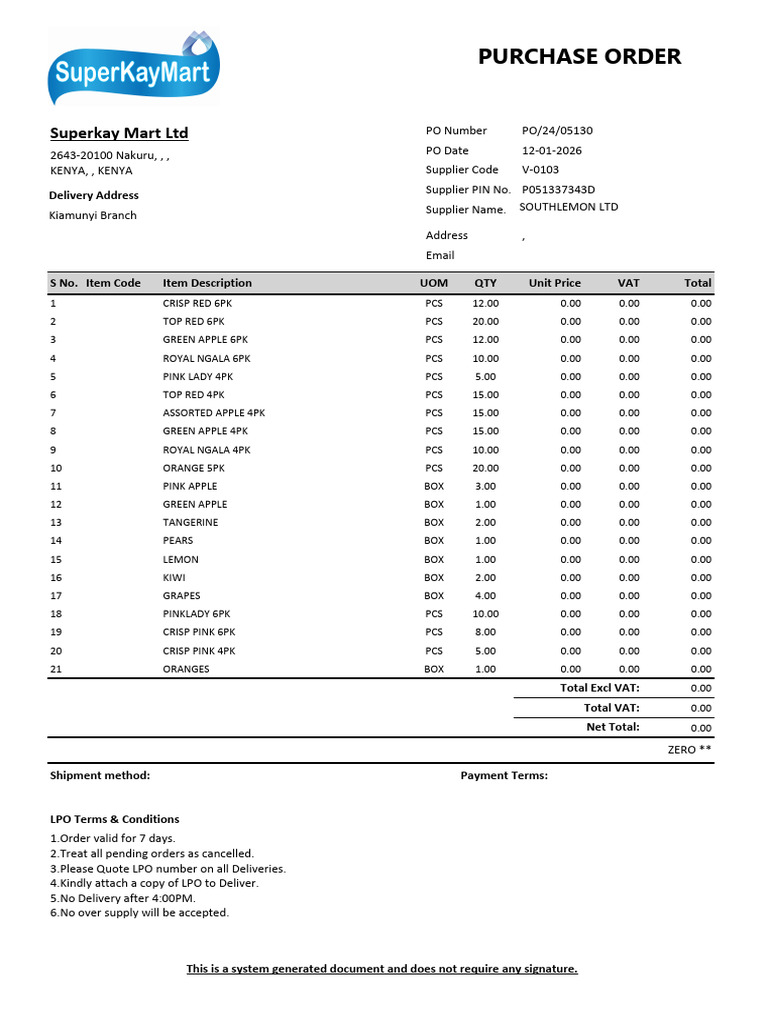 Purchase Order - PO_24_05130 ∙ SOUTHLEMON LTD (P) | PDF