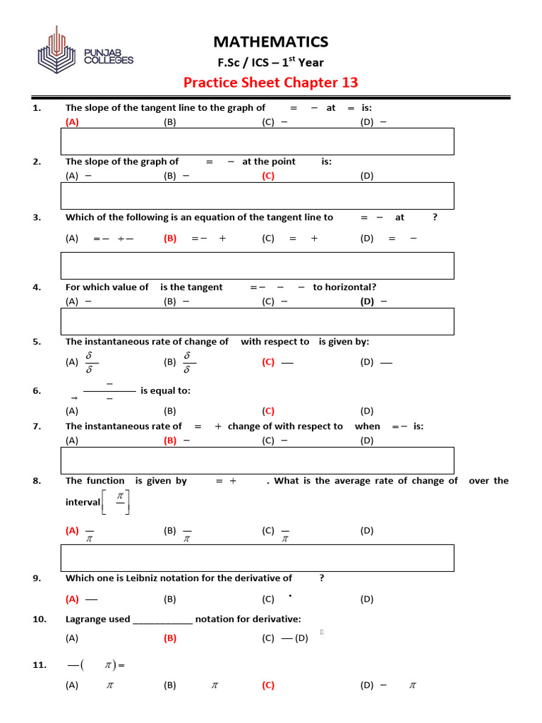 1st Year - Math - Practice Sheet - CH#13 | PDF | Tangent | Derivative