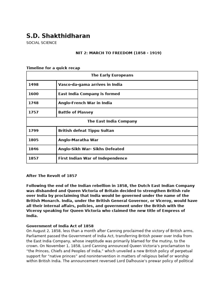 March to Freedom (1858 - 1919)-Handouts | PDF | Indian Independence ...
