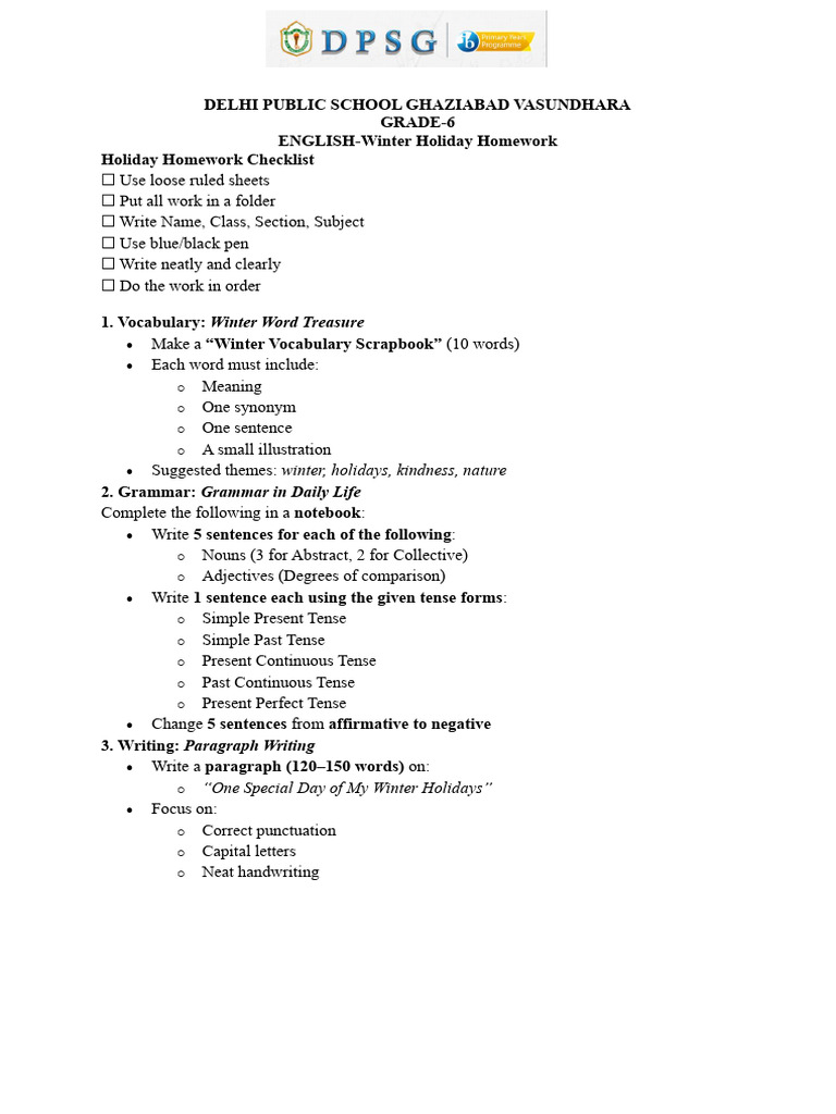 English Holiday Homework-Grade6 (1) | PDF