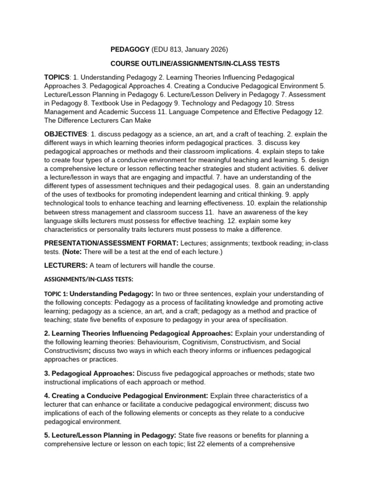 Pedagogy Course Outline Jan 14 2026 EDU 813 | PDF | Pedagogy ...