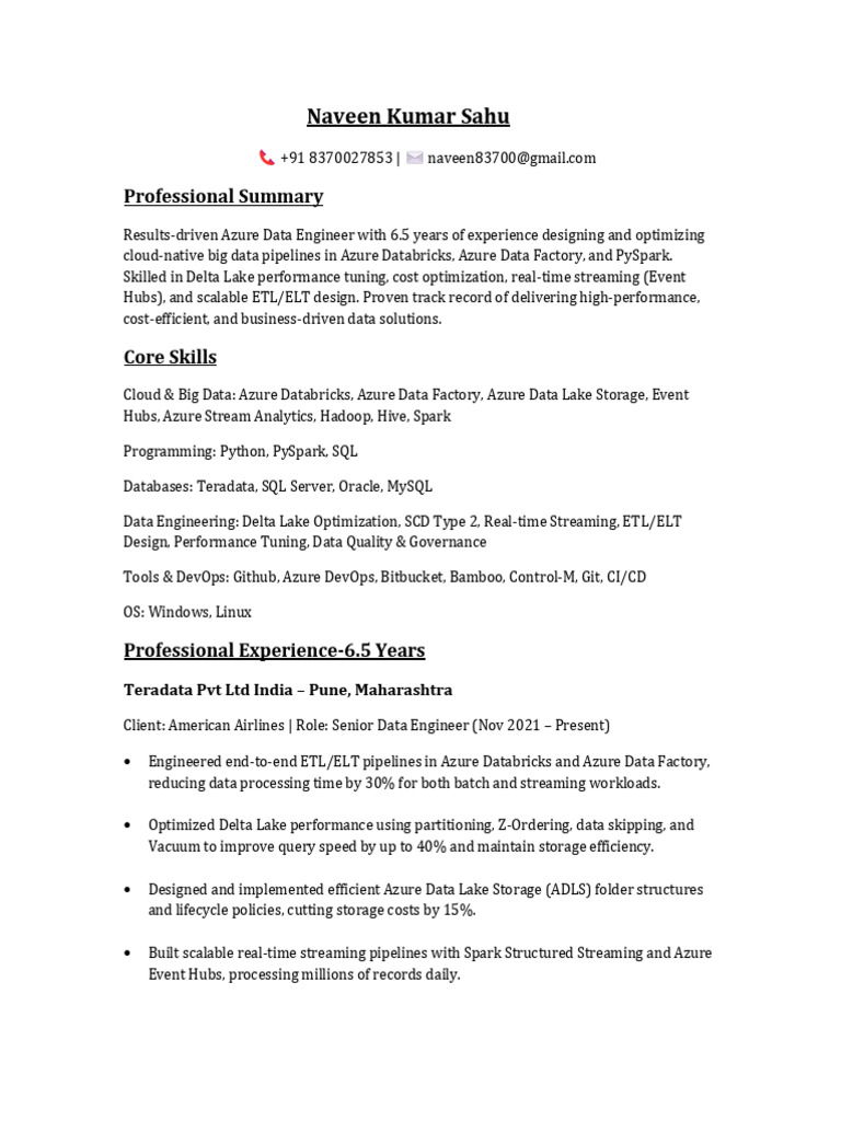 Naveen Data Engineer Resume | PDF | Apache Spark | Microsoft Azure