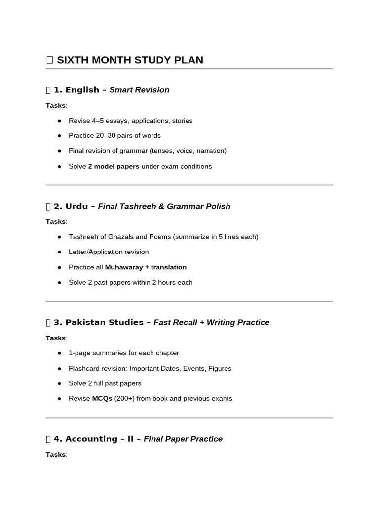 ? Sixth Month Study Plan | PDF