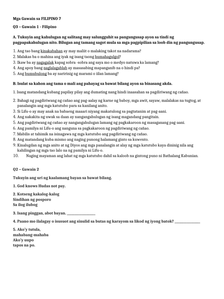Mga Gawain Sa FILIPINO 7 | PDF