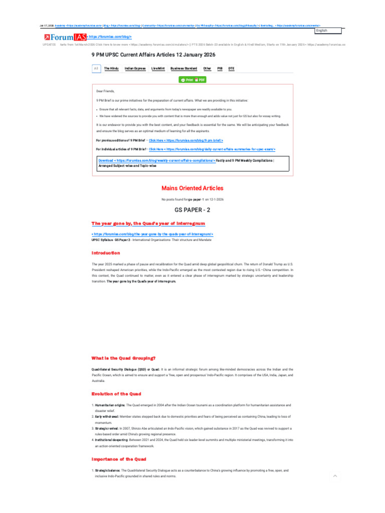 9 PM UPSC Current Affairs Articles 12 January 2026 - ForumIAS | PDF