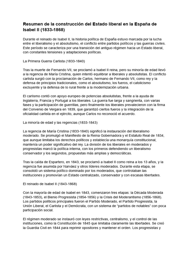 Resumen de La Construcción Del Estado Liberal en La España de Isabel II ...