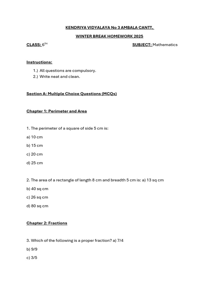 winter break holiday homework for class 6 maths | PDF | Area | Rectangle