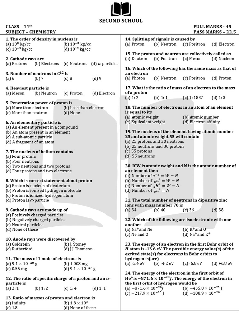 Class 11 Chemistry Exam Questions | PDF | Proton | Neutron