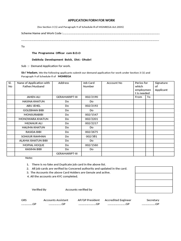 MGNREGA Work Demand Application Form | PDF