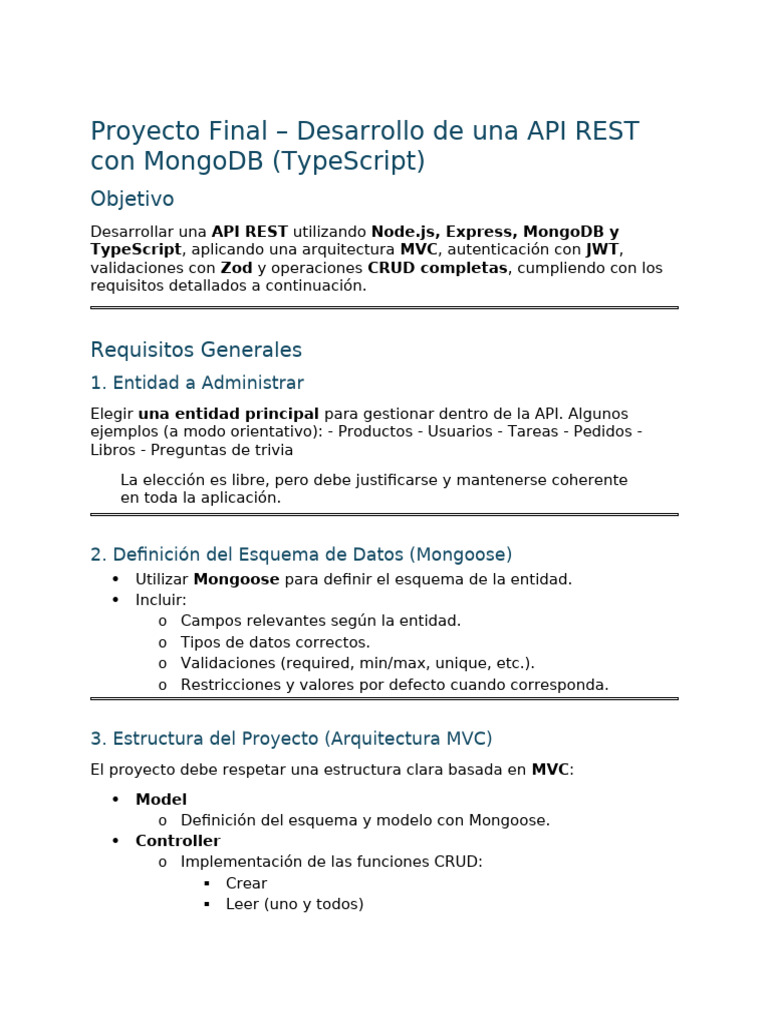 Consigna Proyecto Final – Api Rest Con Mongo Db | PDF | Mongo Db | Autenticación