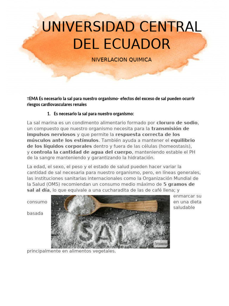 TEMA Es Necesario La Sal Para Nuestro Organismo | PDF | Carrera | sal