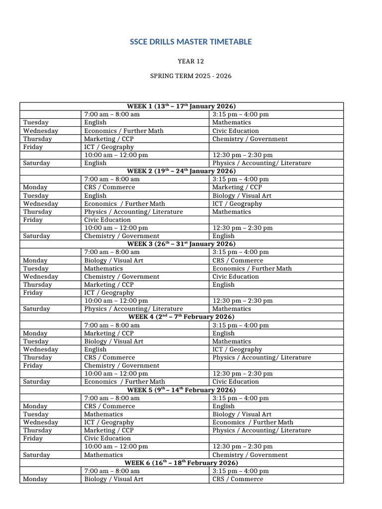 Waec Drills Timetable 8 Weeks | PDF